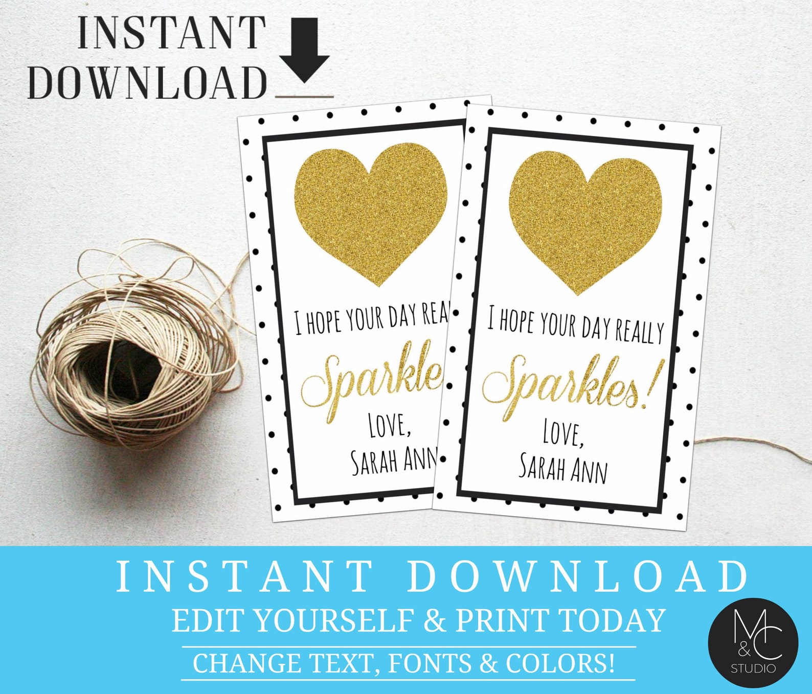 Valentine Card Editable Sparkle Glitter Heart Gold Girls | Etsy