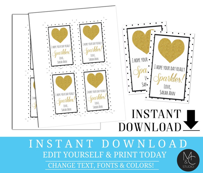 Valentine Card Editable Sparkle Glitter Heart Gold Girls | Etsy