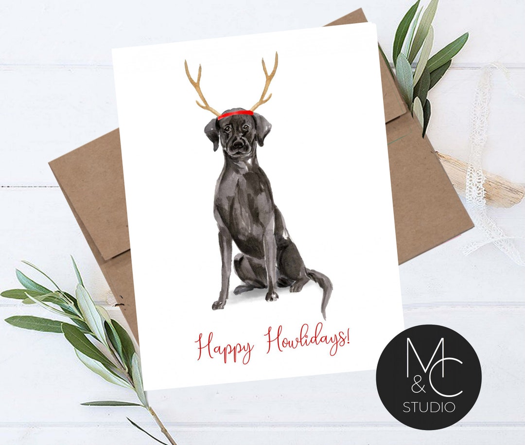 Black Lab Christmas Card, Happy Howlidays, Watercolor Card, Simple, Dog ...