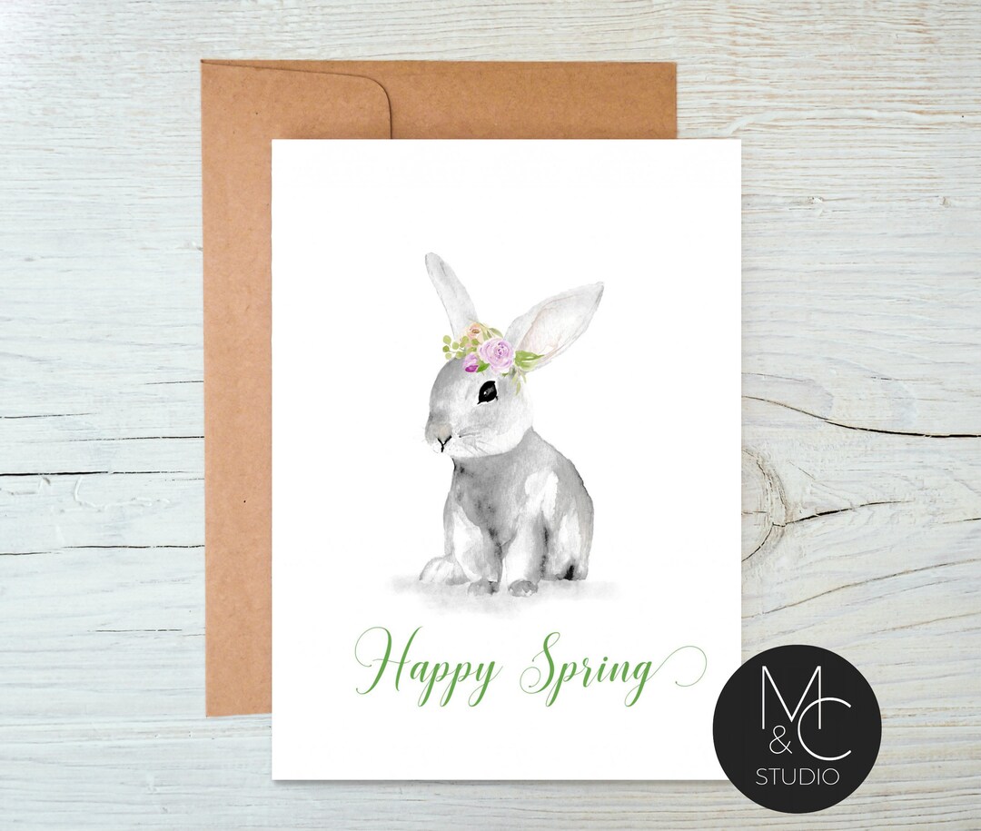 Happy Spring Watecolor Bunny Rabbit Card, Blank Note Card, Floral ...