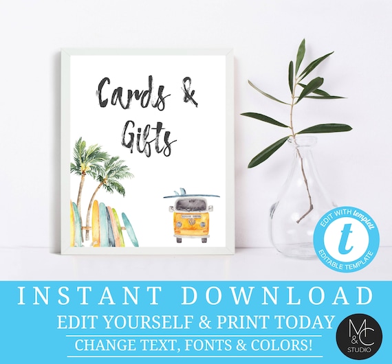 Cards and Gifts Sign Editable surfs up beach hawaii surfboard birthday ...