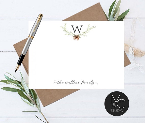 Winter Pine Cone Evergreen Stationery Set, Note Card, Flat Note Cards ...