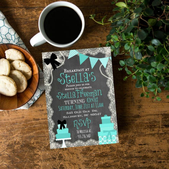Breakfast at Girl's Birthday Chalkboard Invitation, Aqua 1st Birthday ...