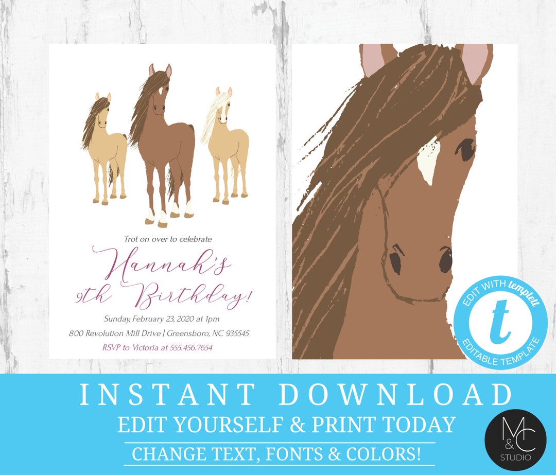 Horse Birthday Party Invitation, Girls Pony Invite, Editable Template ...
