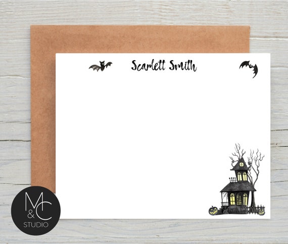 Halloween Haunted House Note Cards, Fall Stationery, Haunted house ...