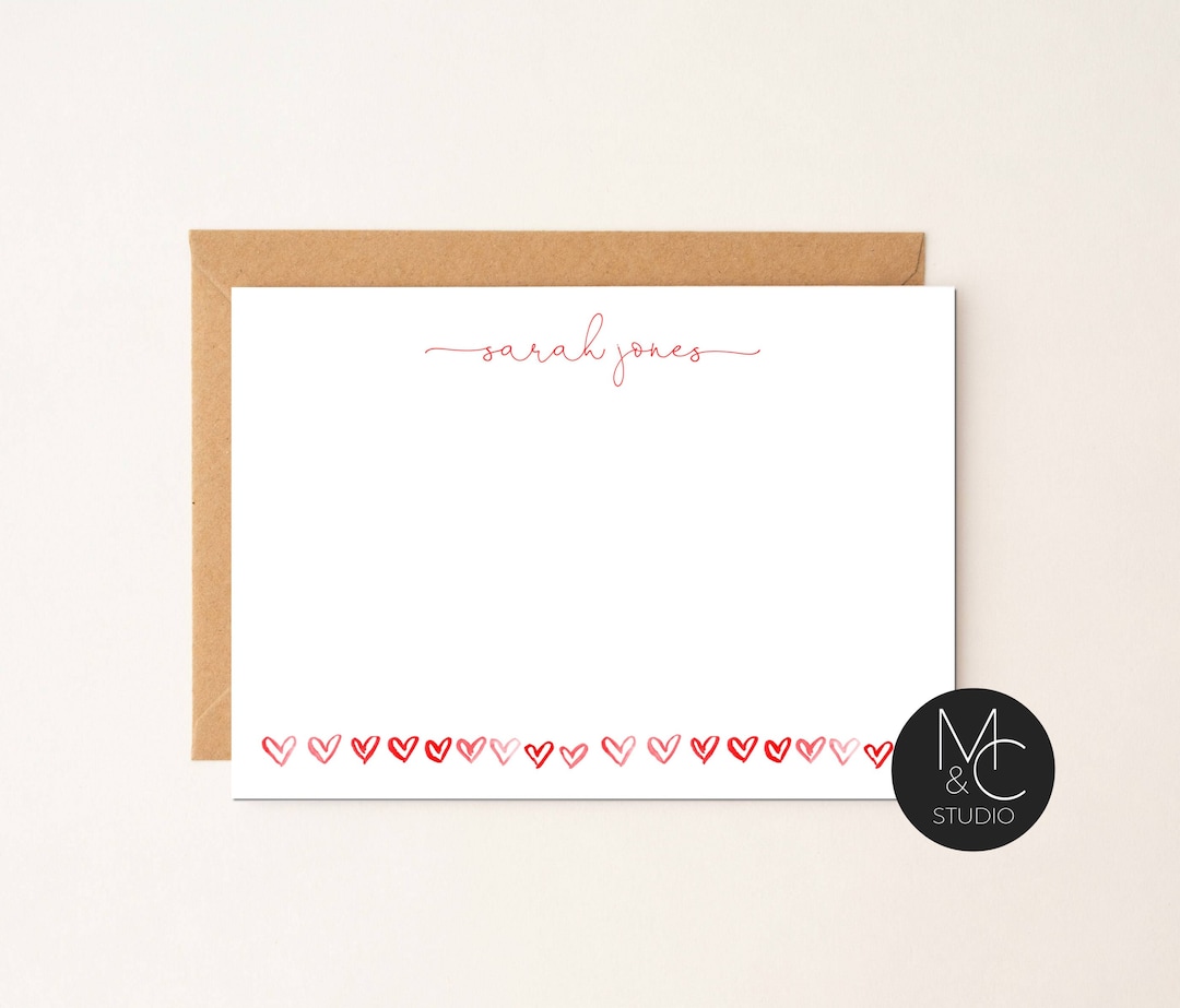 Heart Personalized Note Card Set, Stationary Cards, Monogram Valentines ...