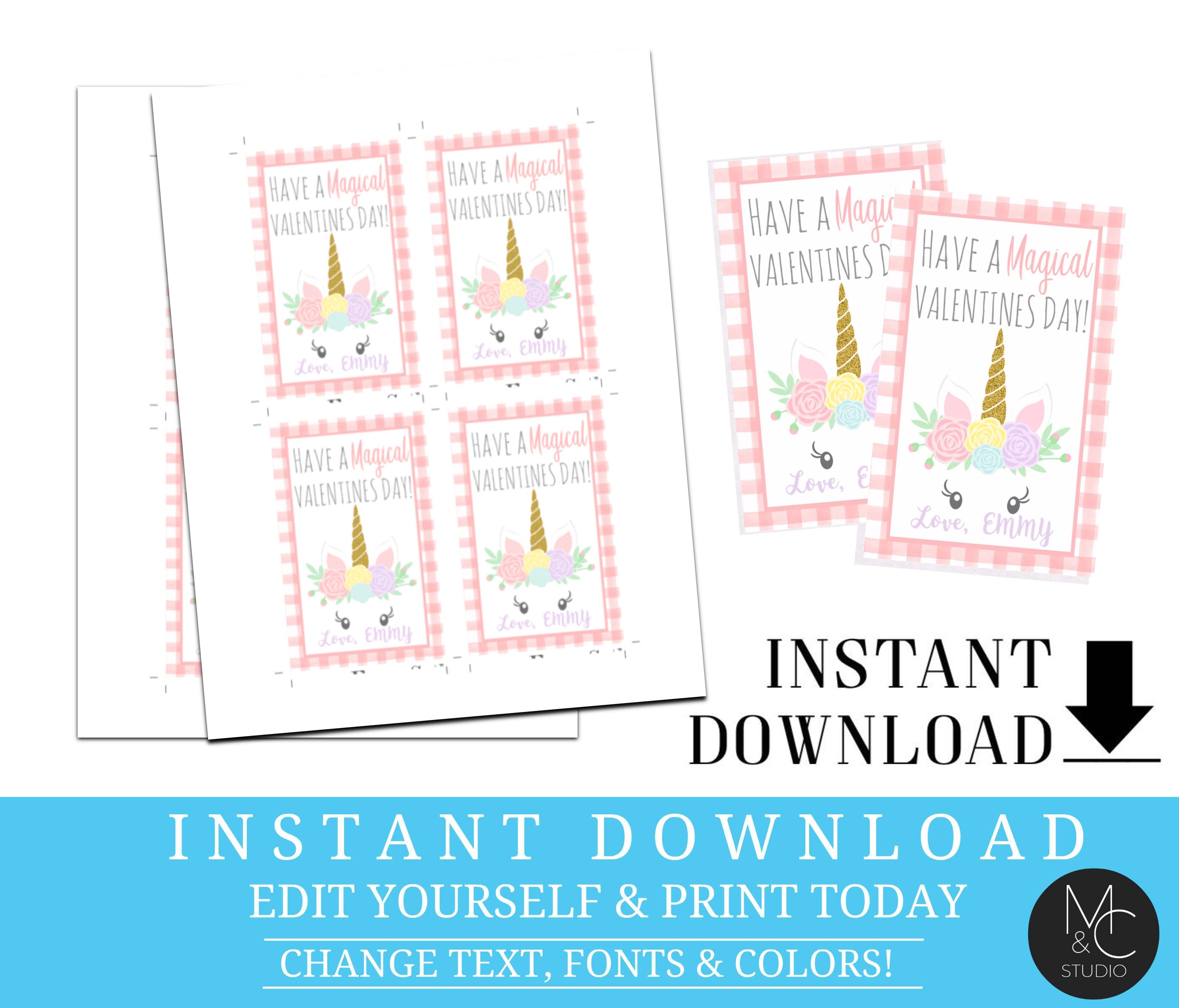 Valentine Card Editable Kids Unicorn Magical Pink Gold Girls - Etsy