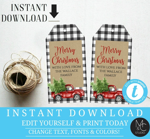 Holiday Gift Tag, DIY, Editable Gift Tag, Buffalo Plaid Red Truck ...