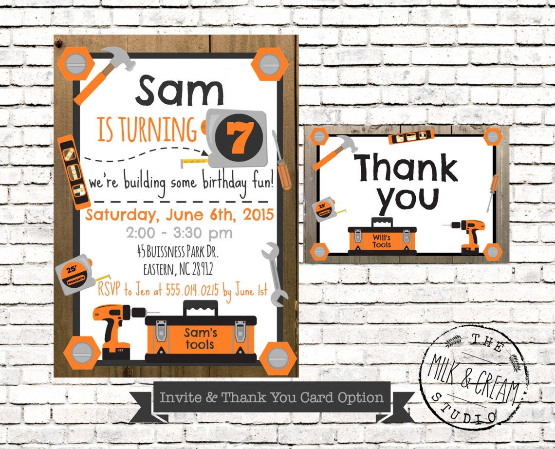 Orange Tool Theme Birthday Party Invite Boys Birthday Invite - Etsy