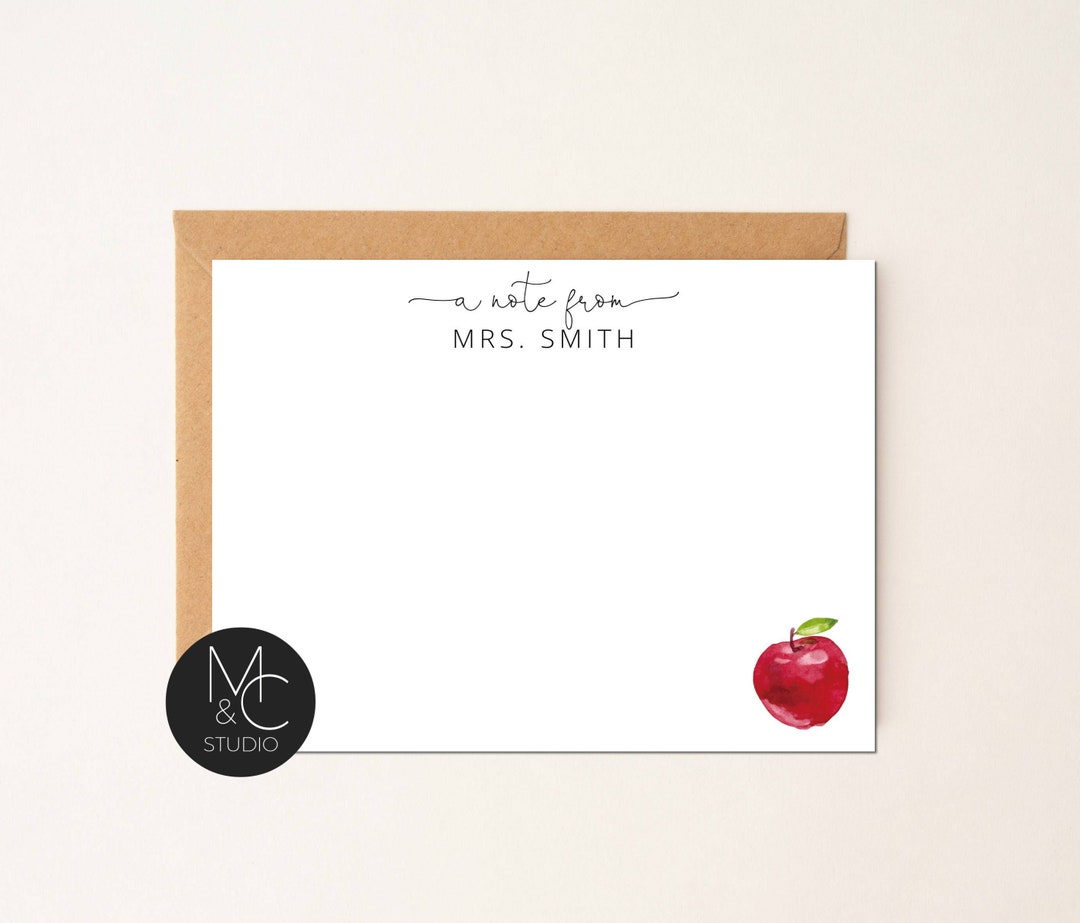 Teacher Personalized Note Card, Custom Teacher Name Stationery, Apple ...