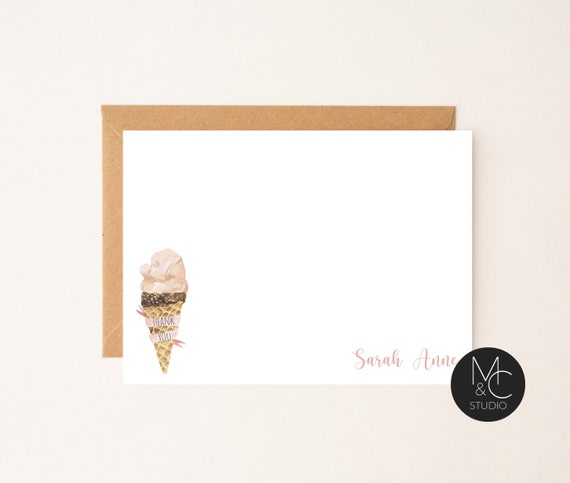 Ice Cream Cone Personalized Note Card Set, Stationary Cards, Monogram ...