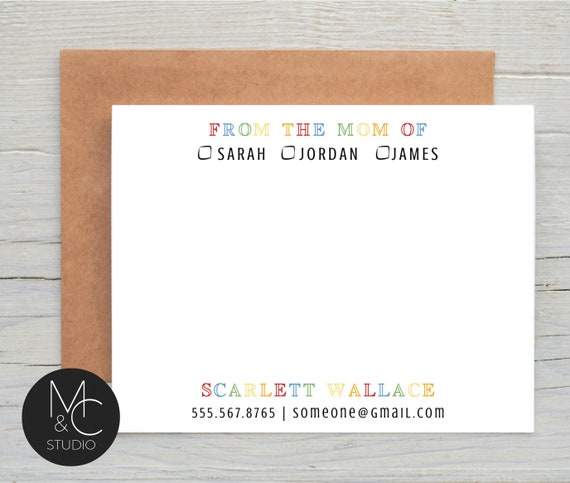 Back to Scool Mom Note Card Personalized, From the mom of, Name ...