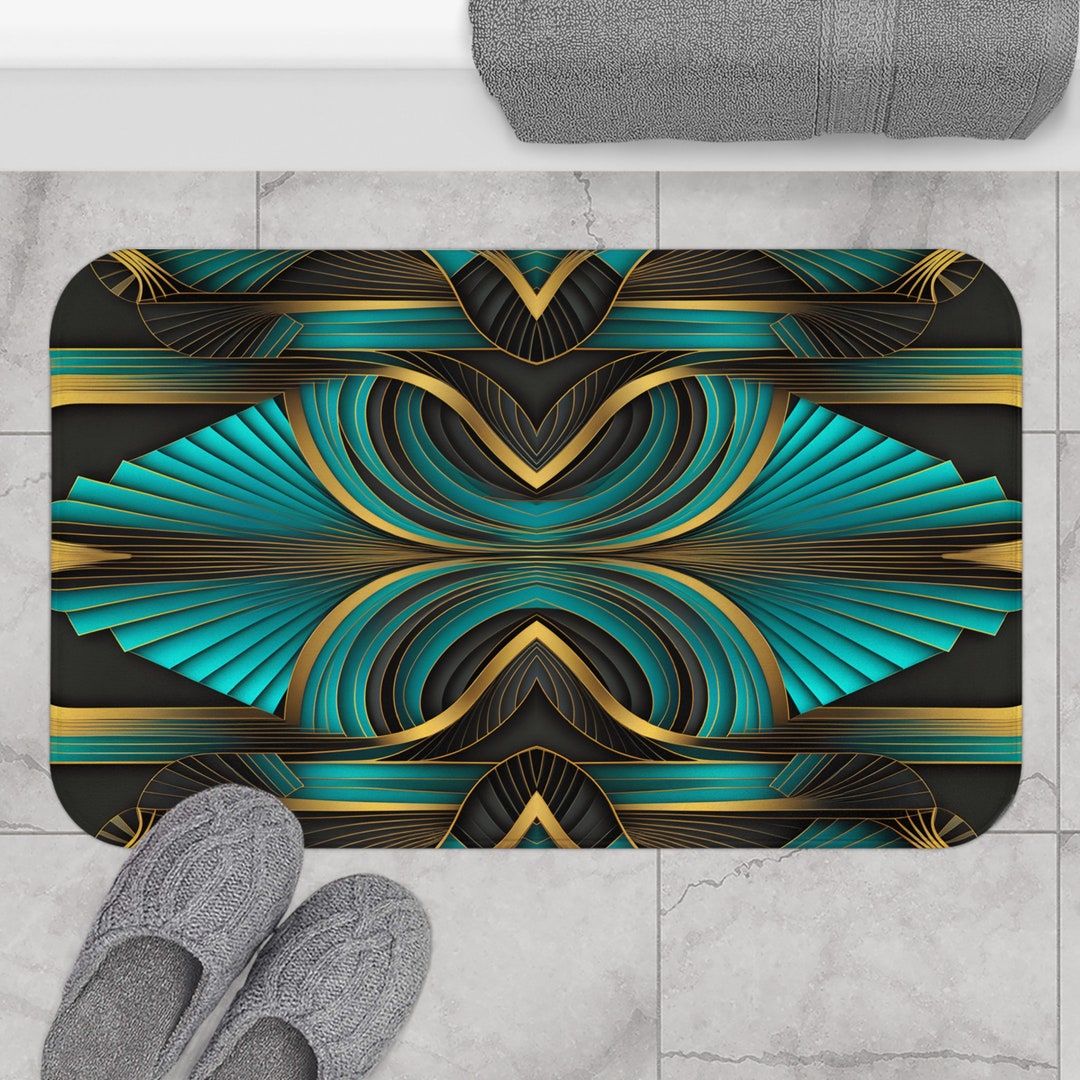 Teal Art Deco Bath Mat Gatsby Inspired Black Gold Bathroom Home Bath ...