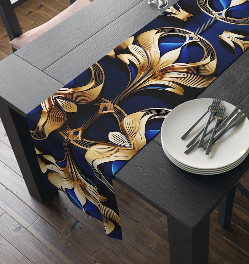 Royal Blue Gold Art Deco Table Runner Gold Gatsby Table Cloth Art Deco ...