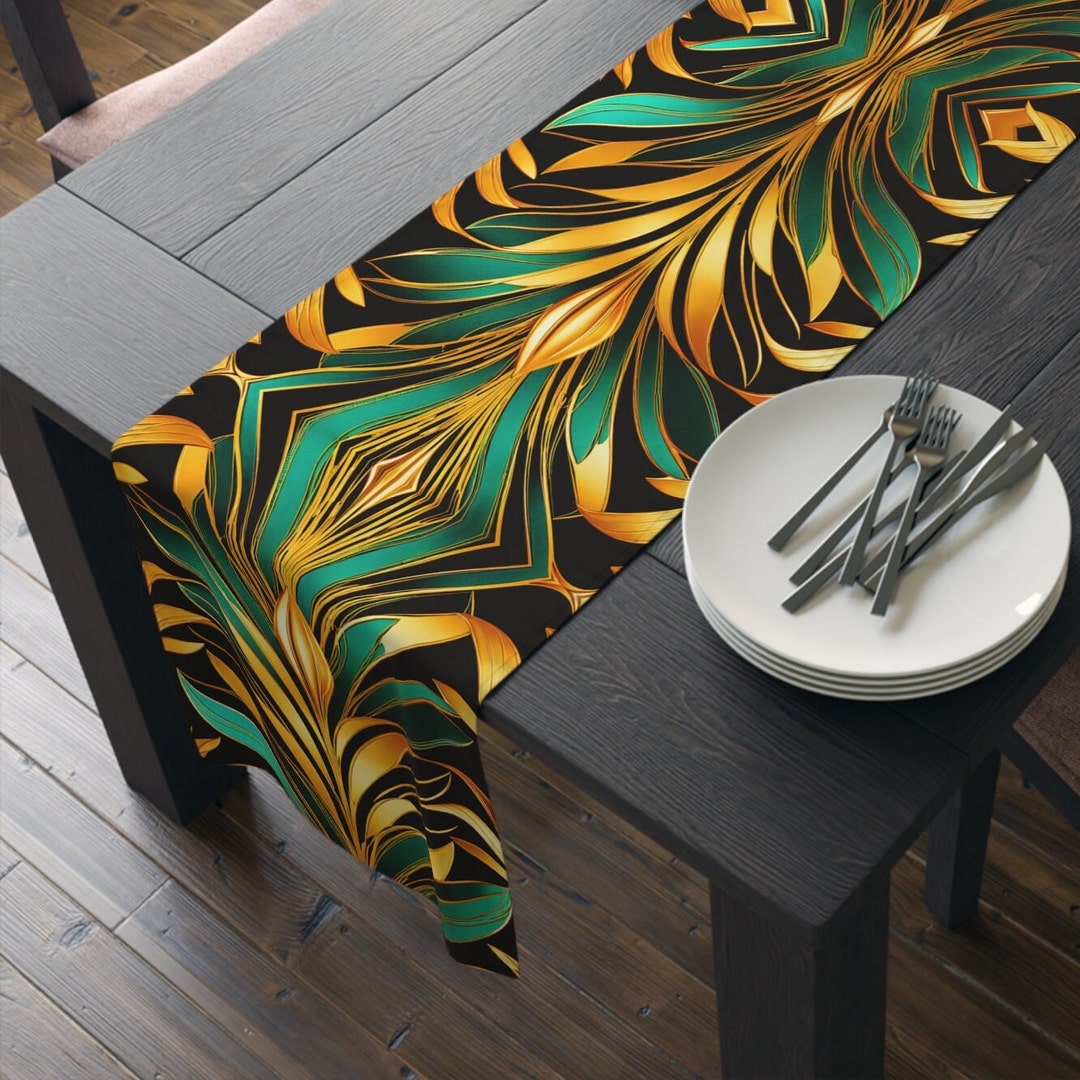 Teal Gold Art Deco Table Runner Gold Gatsby Table Cloth Art Deco 1920s ...