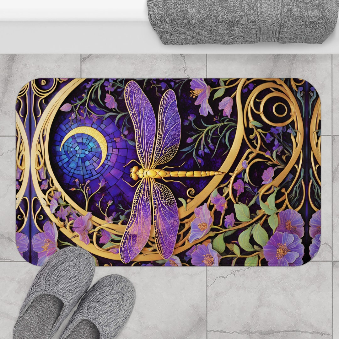 Purple Dragonfly Bath Mat Art Nouveau Bathroom Home Bath Decor Rug Home ...