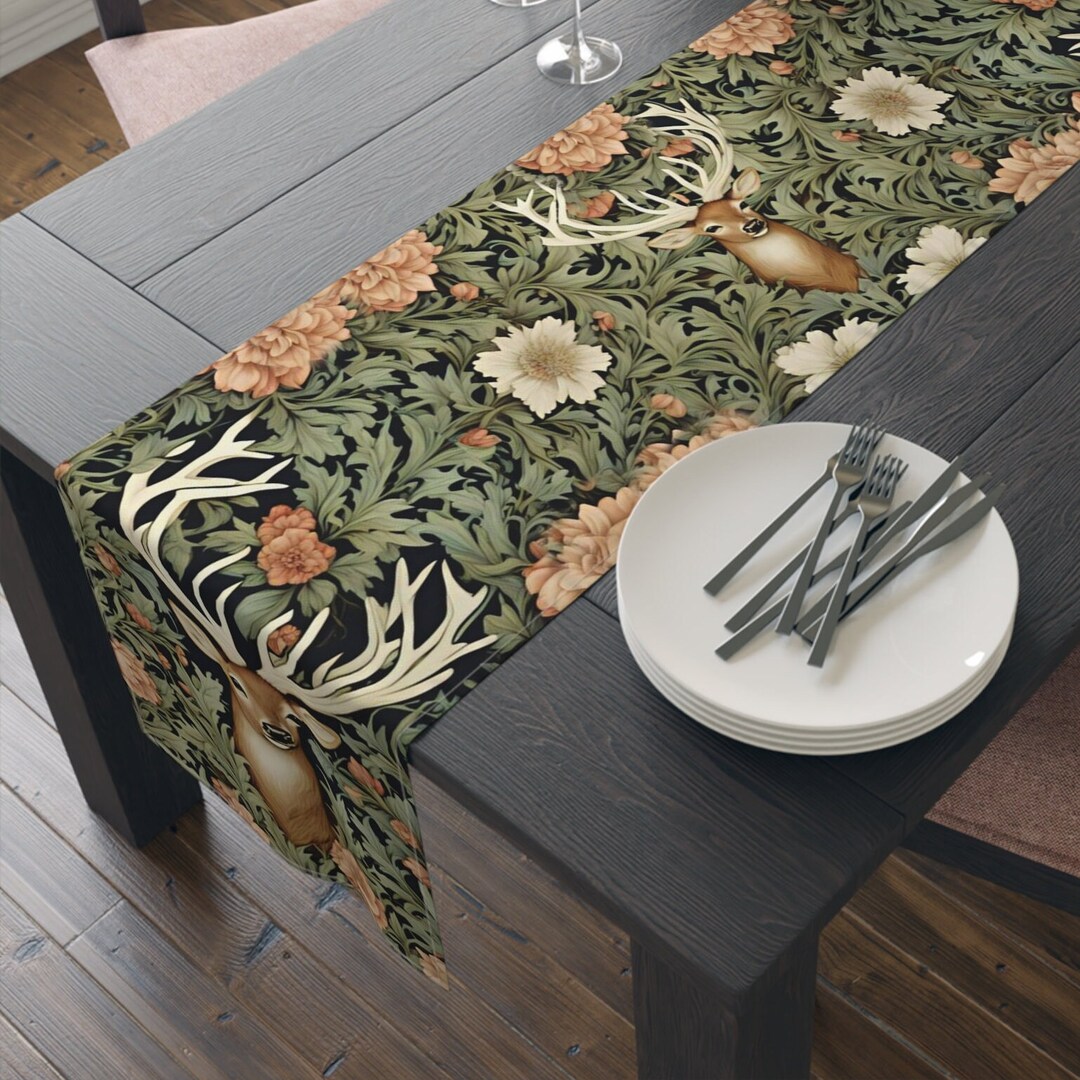 Deer Table Runner William Morris Inspired Cottagecore Floral Forestcore ...