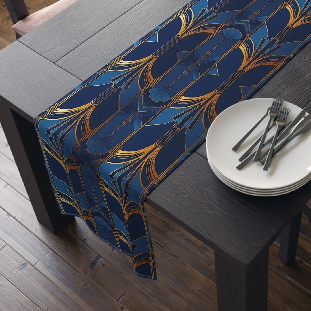 Blue Gold Art Deco Table Runner Gatsby Style 1920s Inspired Home Decor ...