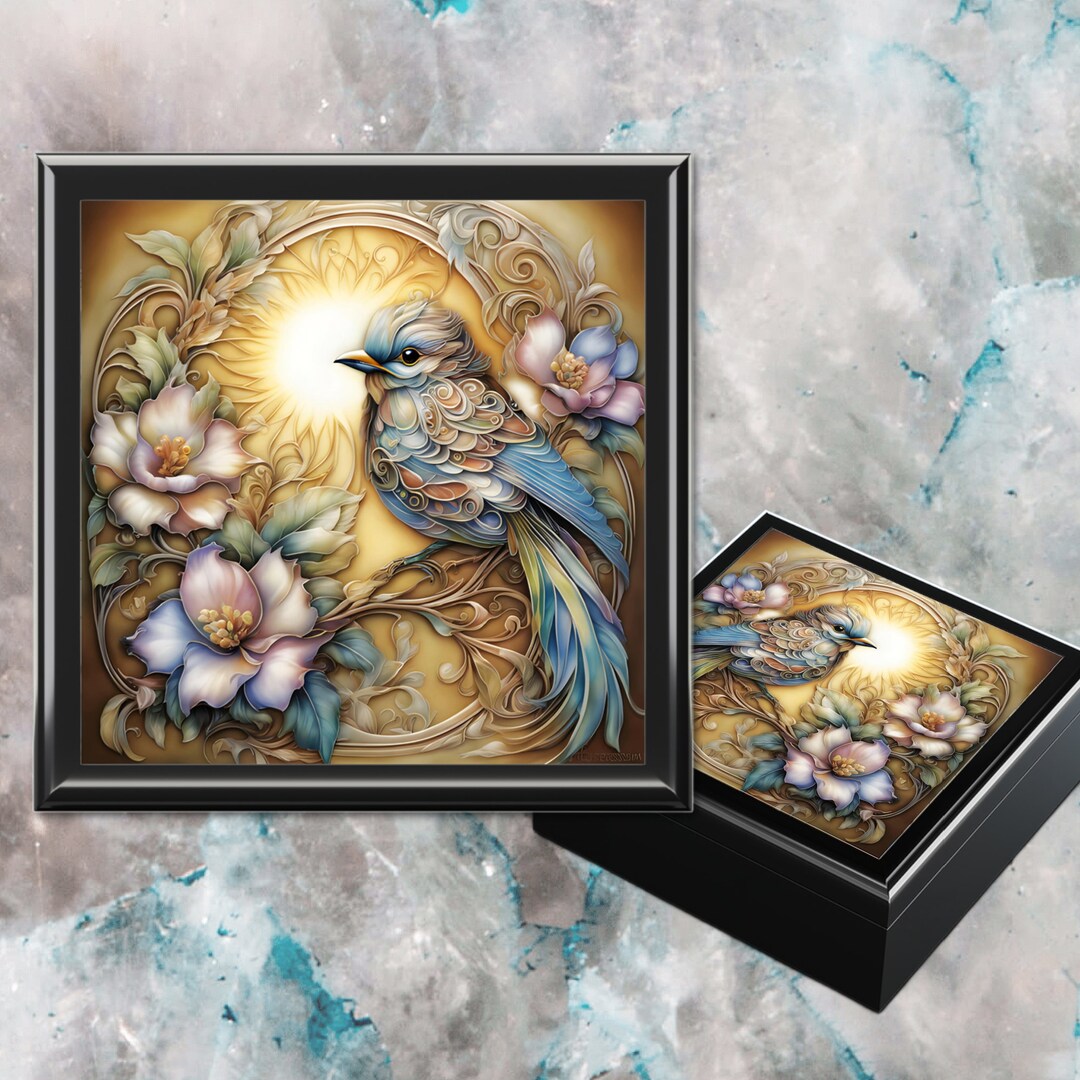 Art Nouveau Bird Jewelry Box Flower Printed Gold Bird Art Deco Style ...