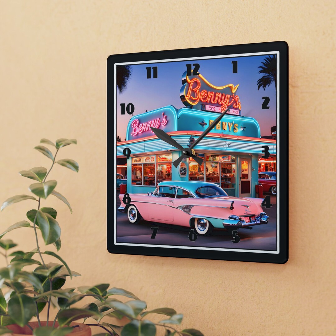 Pink Cadillac Retro Clock Mid Century Modern Acrylic Wall Clock Square ...