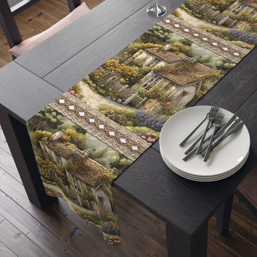 English Cottage Table Runner Cottagecore Flower Garden Toile 19th ...