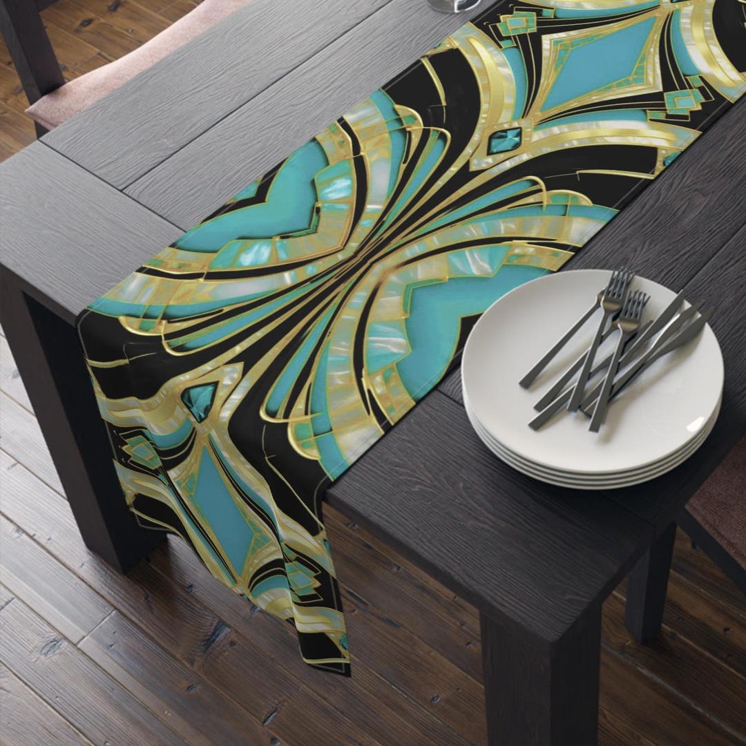 Teal Art Deco Black Gold Table Runner Retro Style Gatsby Table Cloth ...