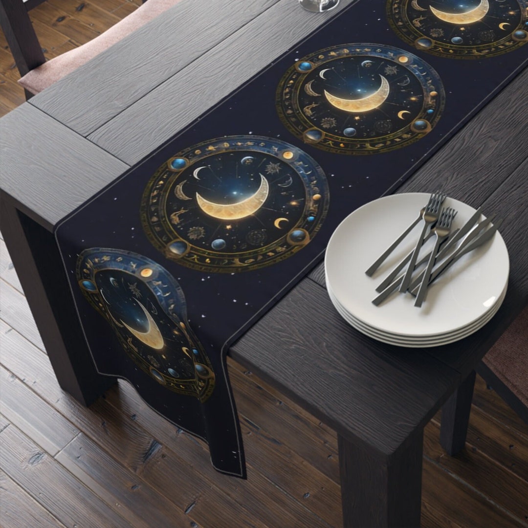 Moon Stars Table Runner Dark Blue Celestial Astronomy Gothic Witchy ...