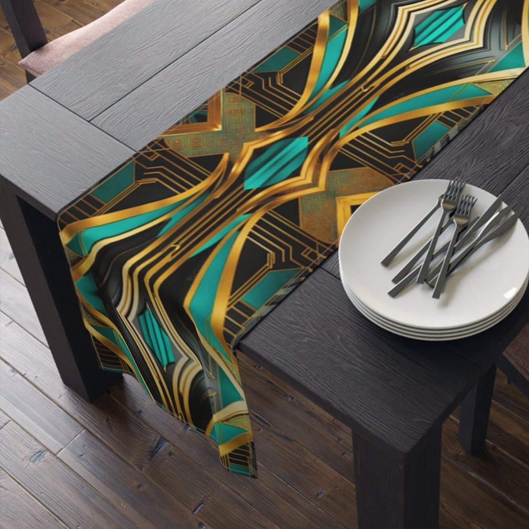 Teal Gold Black Art Deco Table Runner Cloth Black Gold Gatsby 1920s ...