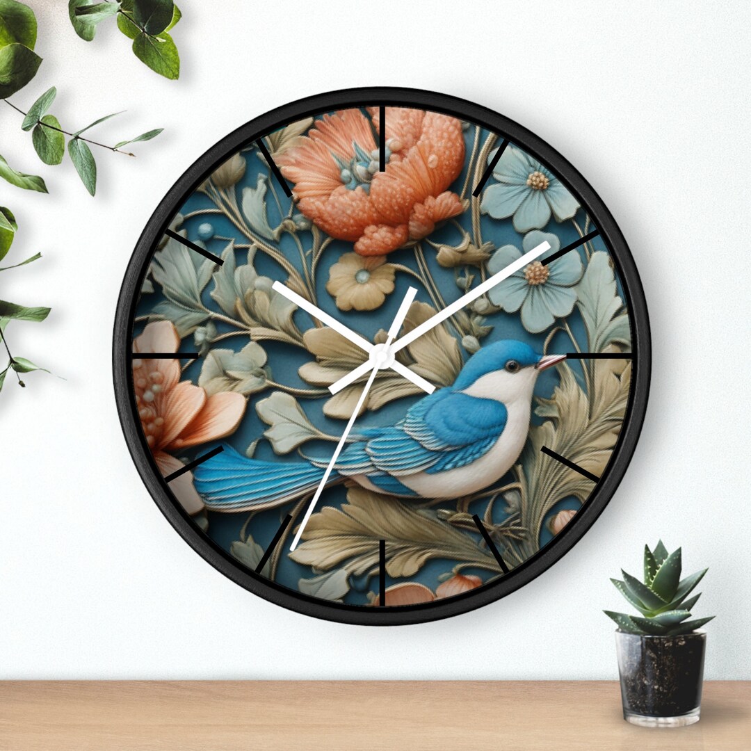 Wall Clock Blue Bird William Morris Inspired Art Nouveau Floral ...