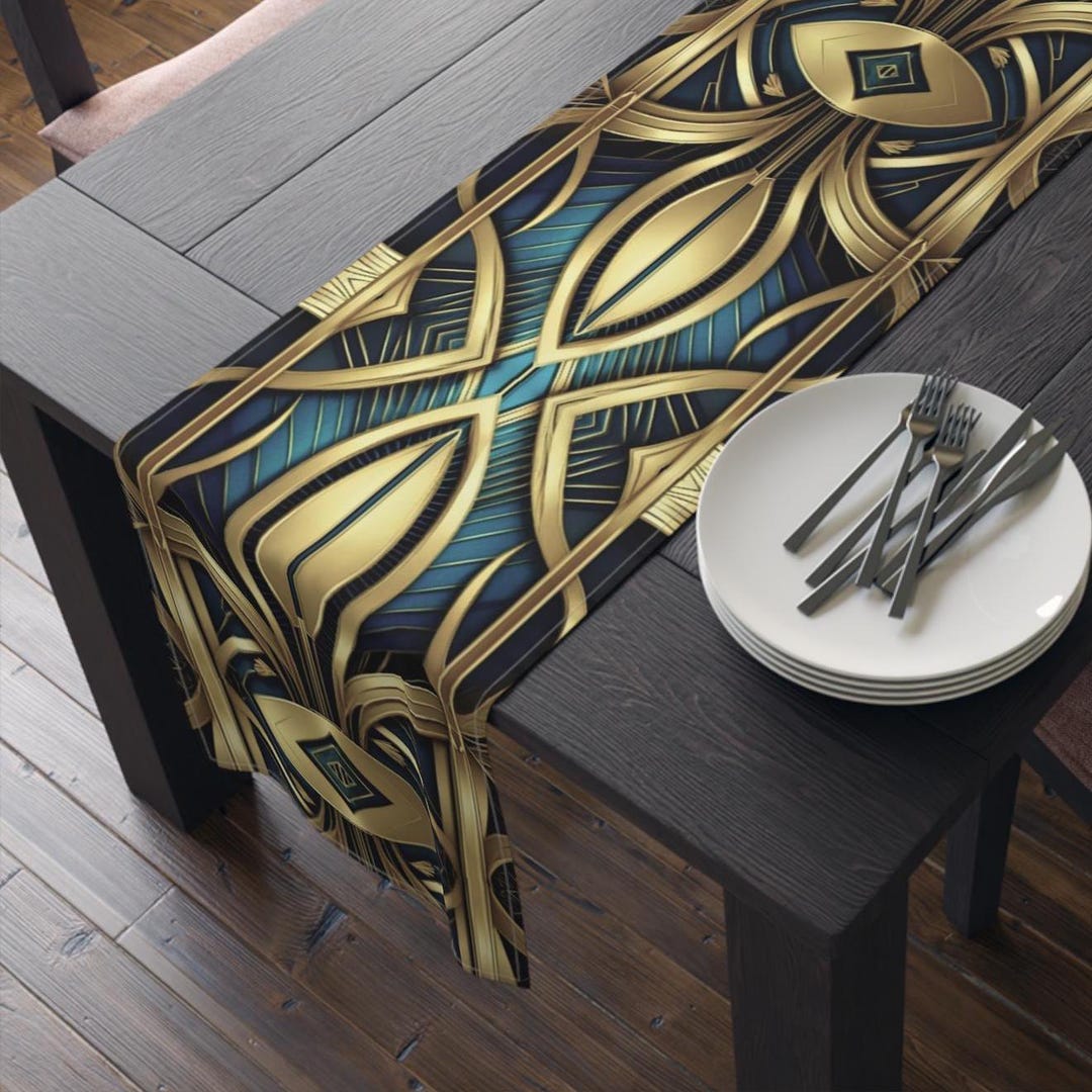Bluetable Runner Gatsby Style Table Cloth Gold Blue Retro Style Art ...