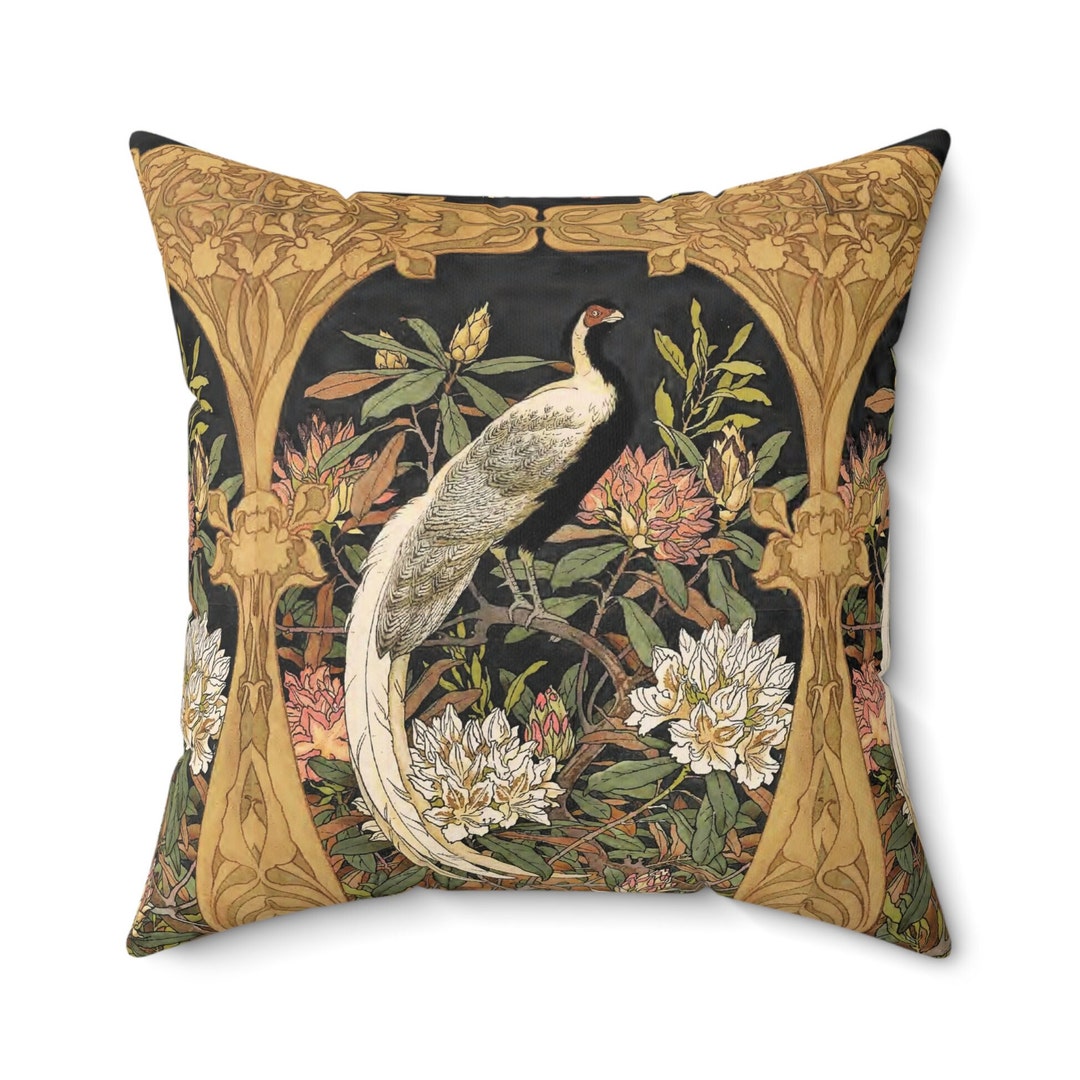 Peacock Throw Pillow Art Nouveau Morris Inspired Forestcore Tapestry ...