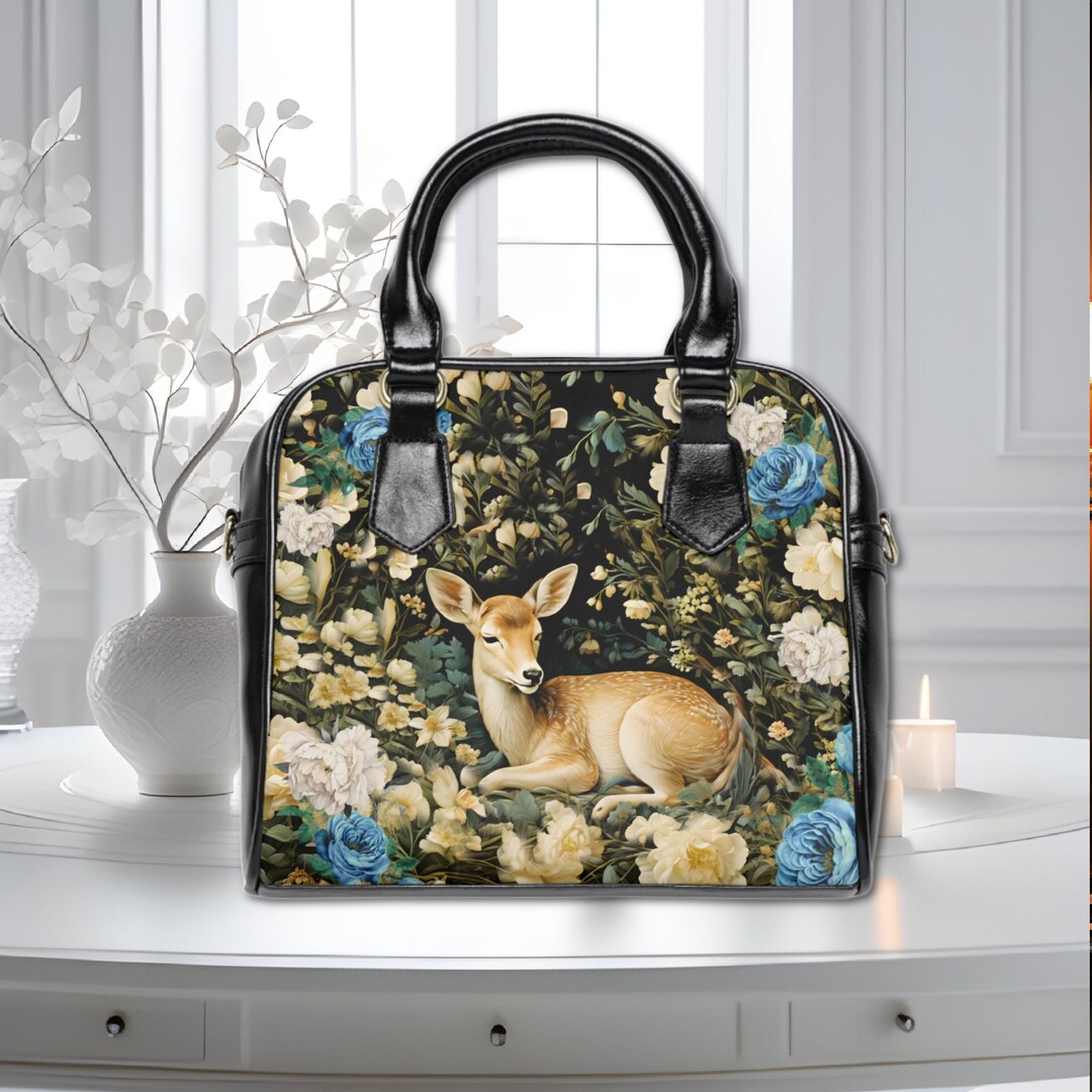 Deer in Forest Purse Cottagecore Black Shoulder Handbag Wiliam Morris ...