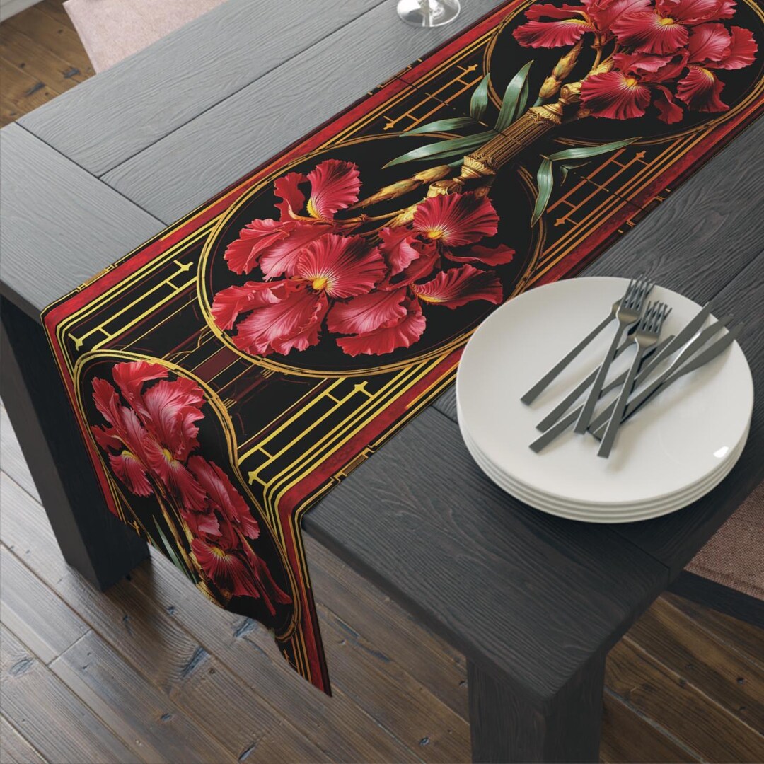 Red Gold Table Cloth Gatsby Iris Flower Retro Style Black Table Runner ...