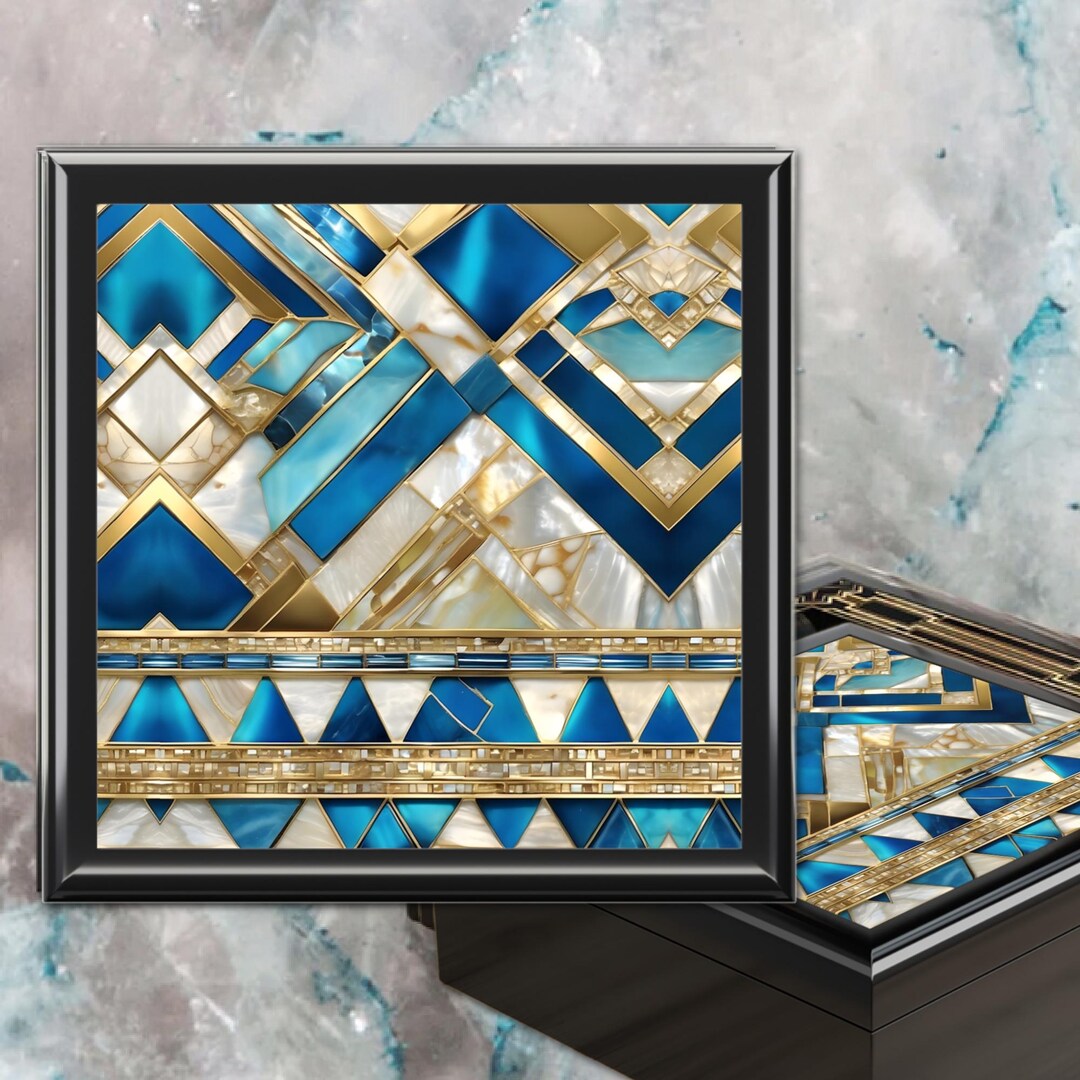 Blue Gold Wood Jewelry Box Gatsby Art Deco Gemetric Design Printed ...
