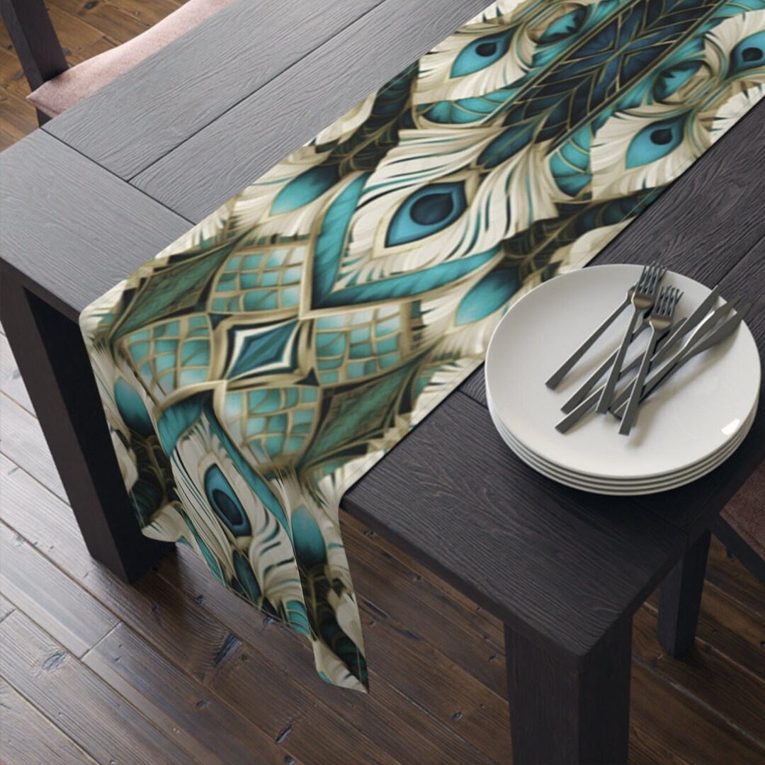 Teal White Gold Gatsby Table Cloth Runner Art Deco 1920s Style Peacock ...