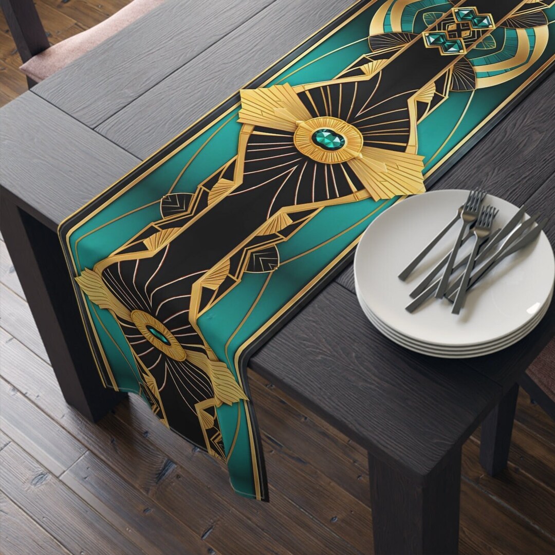 Teal Green Art Deco Table Runner Gatsby Style Blue Gold Art Nouveaau ...