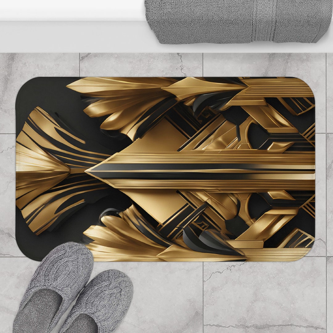Art Deco Modern Bath Mat Black Gold Bathroom Home Bath Decor Rug ...