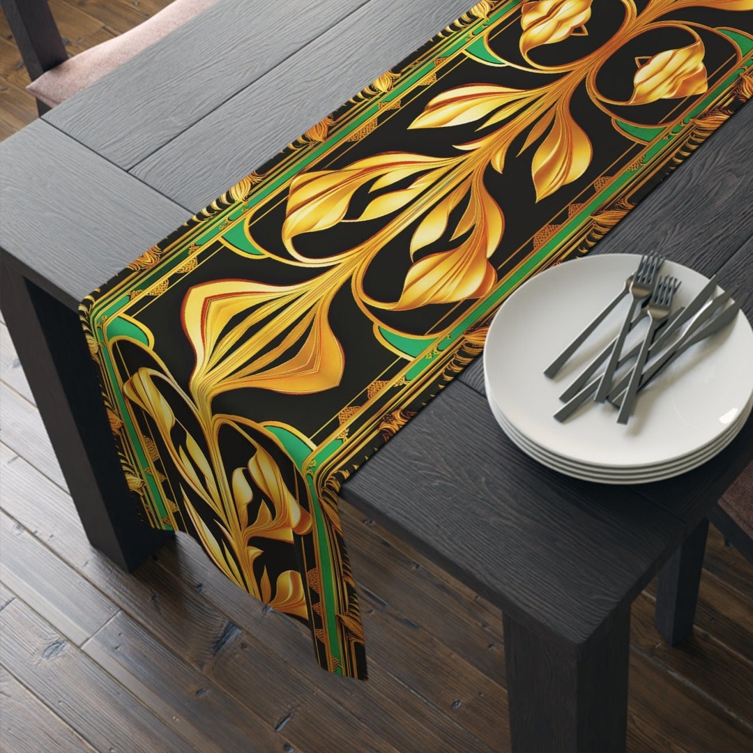 Gold Green Autumn Art Deco Table Runner Black Gatsby Table Cloth Art ...