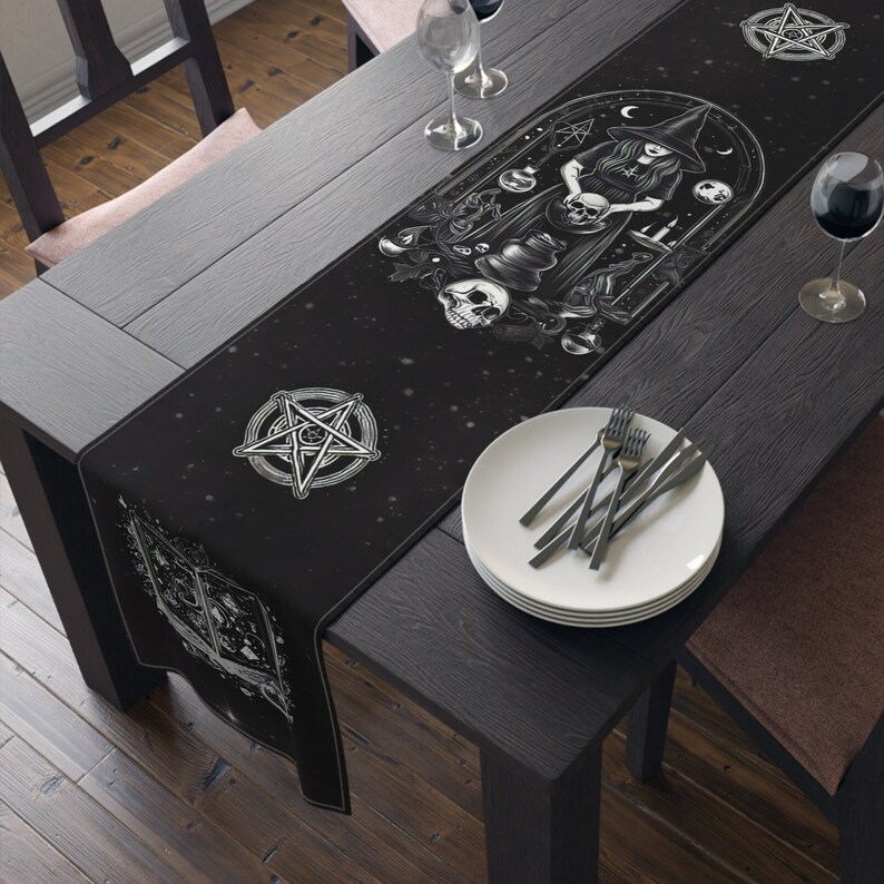 Halloween Table Runner Gothic Witch Kitchen Decor Skulls Pentagrams ...