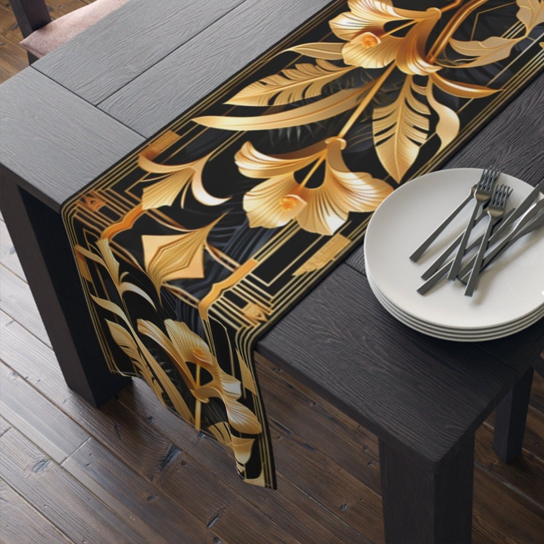 Art Deco Table Cloth Gold Black Floral Spring Lilies Gatsby Table ...