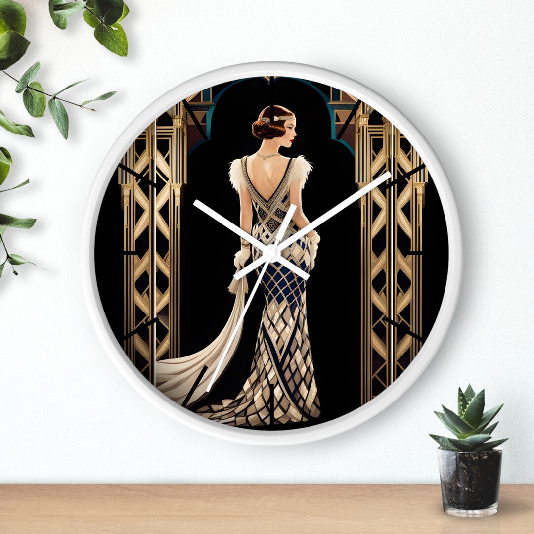 Art Deco Wall Clock Gatsby Girl Black Gold Retro Flapper Unique Clock ...