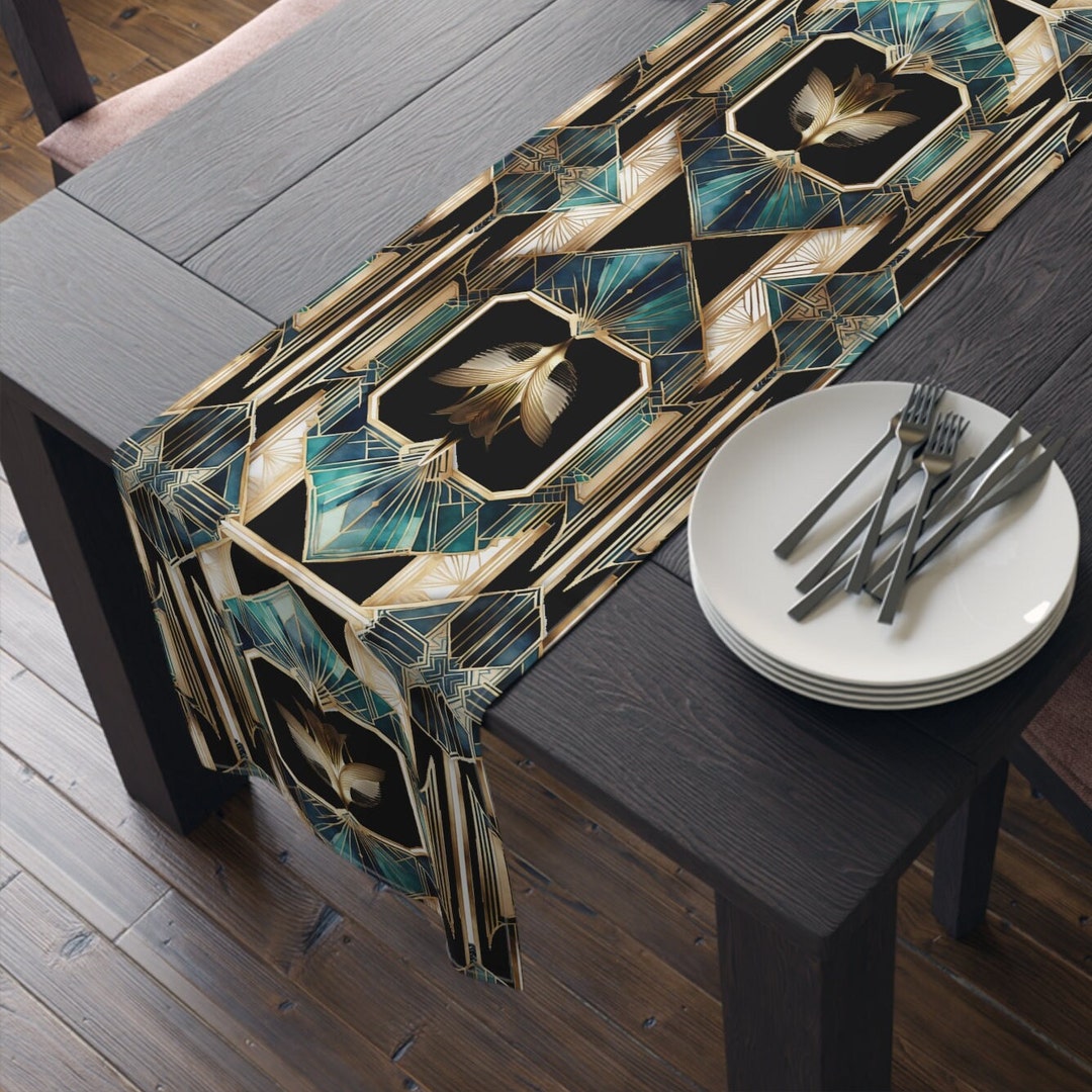 Gatsby Art Deco Table Runner Aesthetic Green Gold Geometric Catsby ...