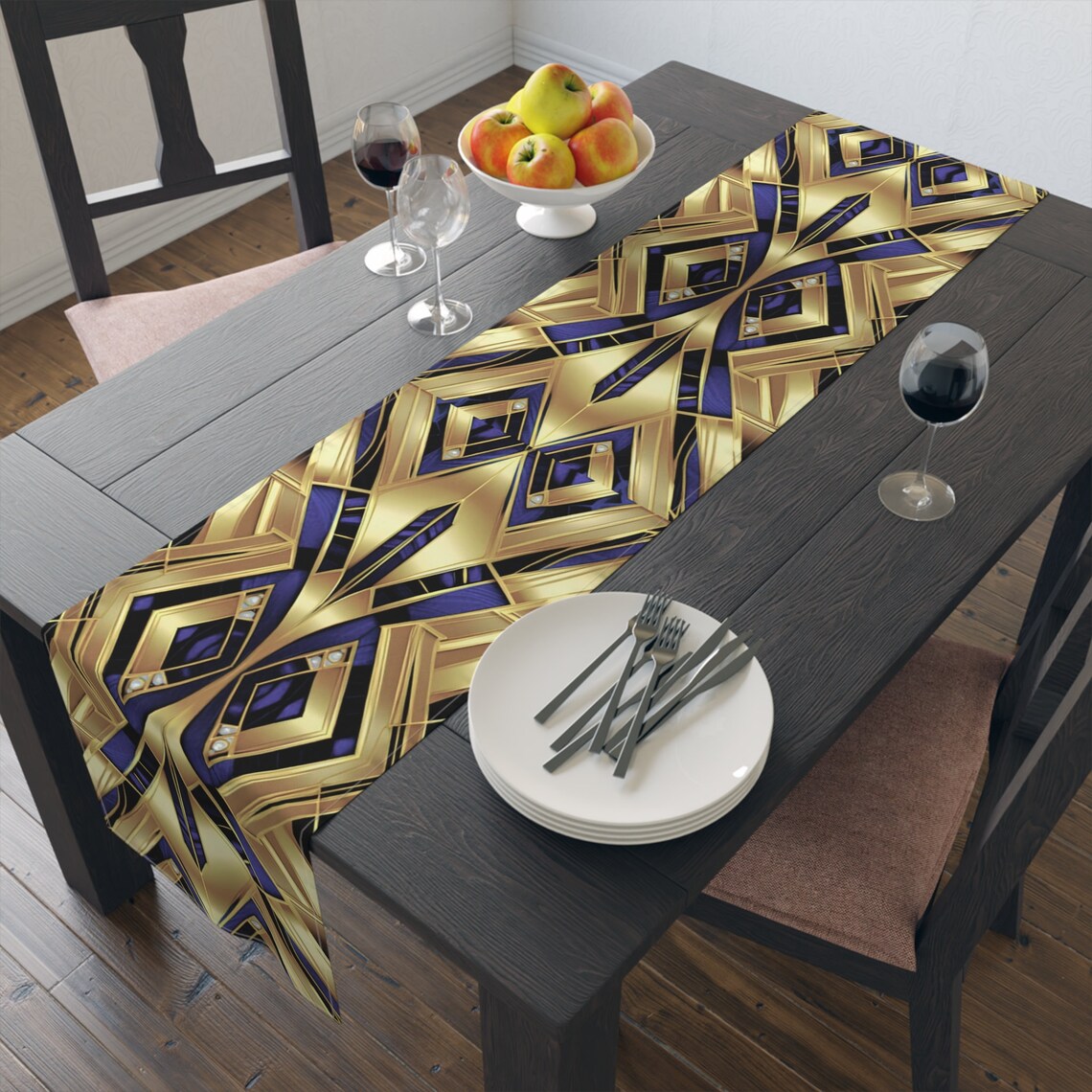 Blue Gold Table Runner Retro Gatsby Table Cloth Art Deco 1920s Style ...