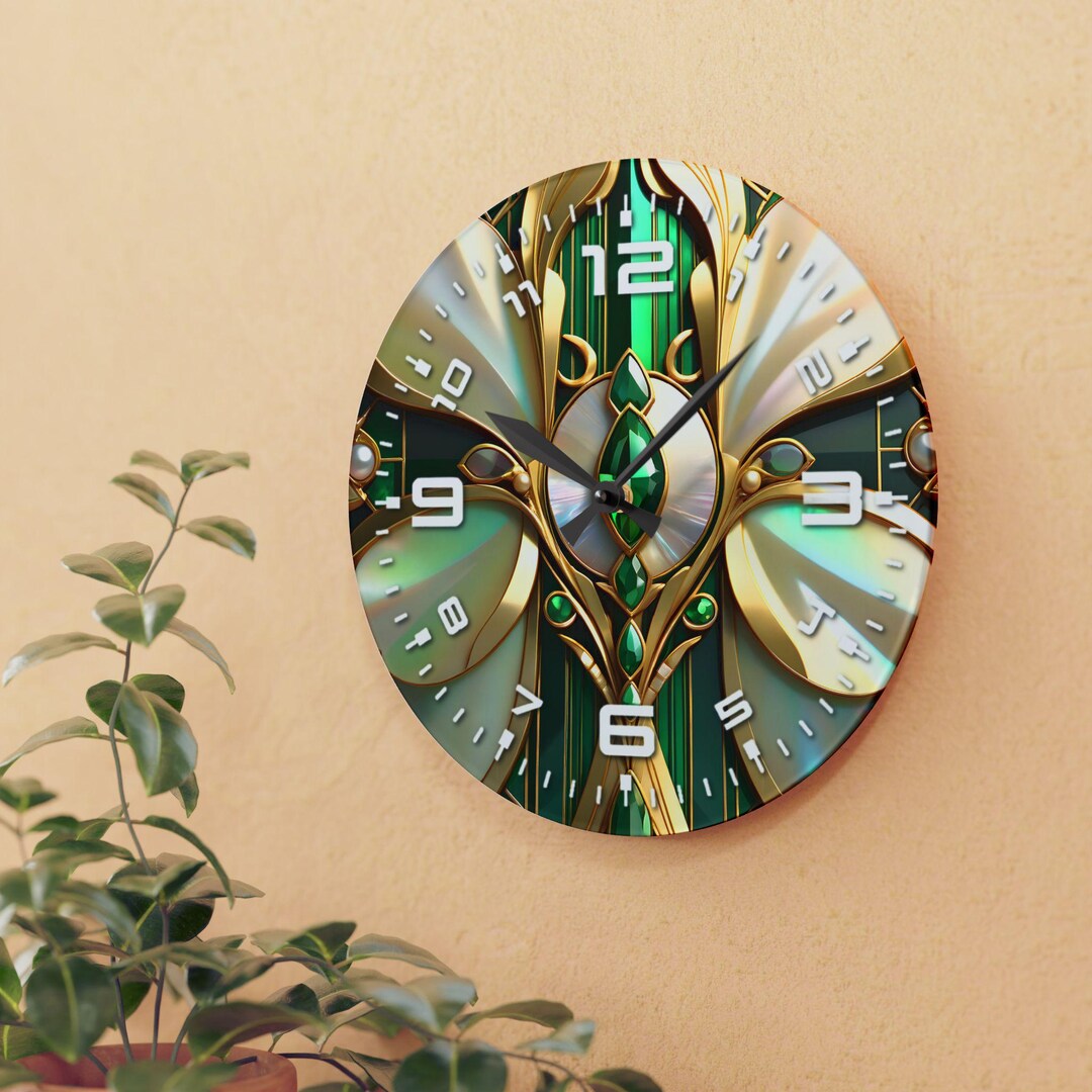Wall Clock Green Gold Art Deco Wall Clock Gatsby Style Round Acrylic ...