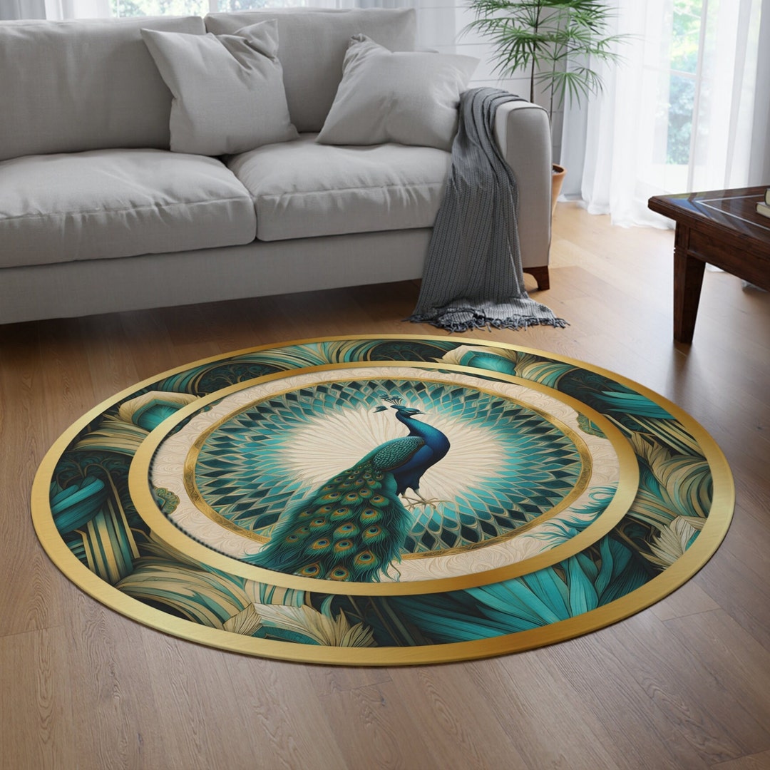 Boho Round Rug Cottagecore Peacock Teal Gold Beige Art Deco Style ...