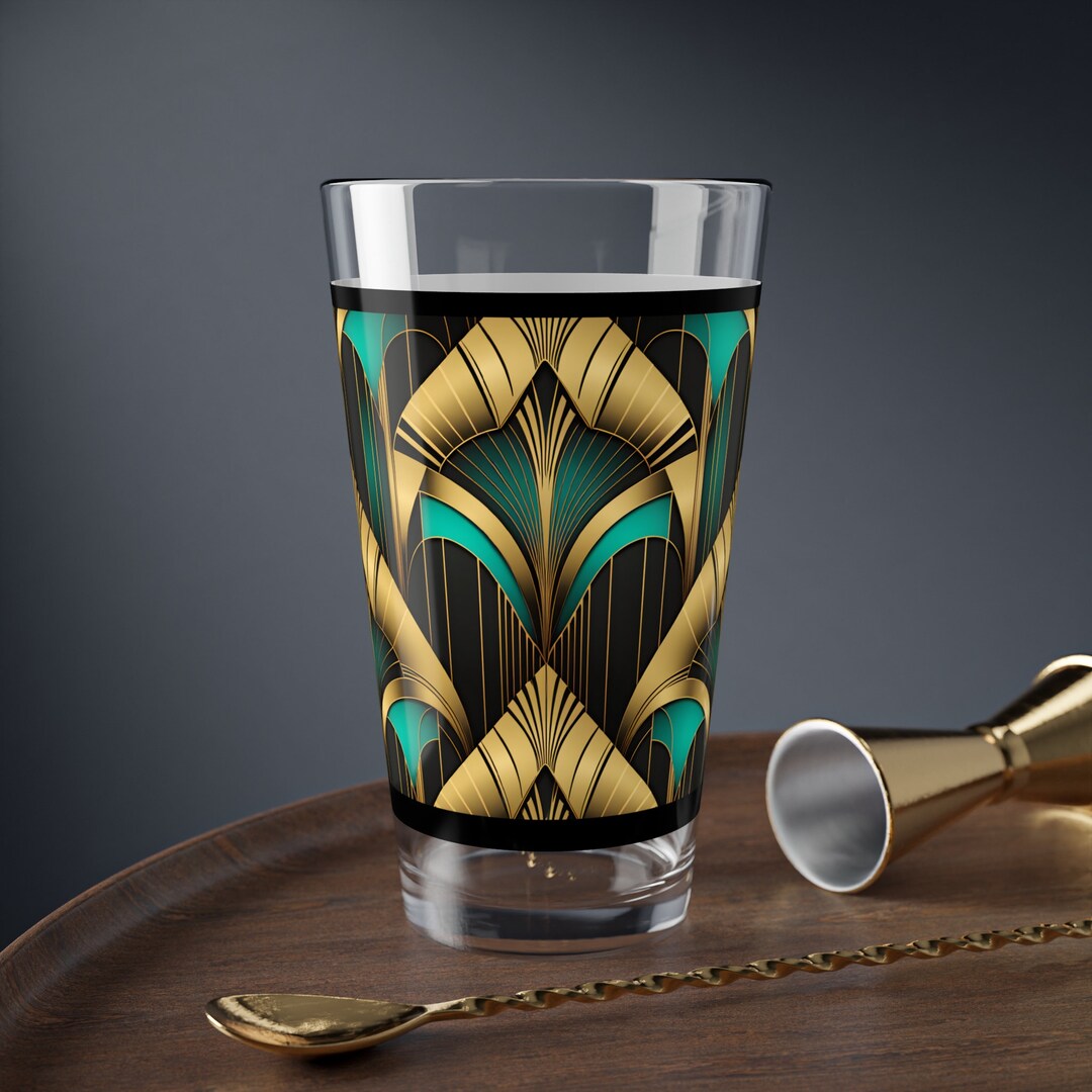 Teal Gold Art Deco Drinking Water Glass Retro Modern Gold Mixing Glass ...
