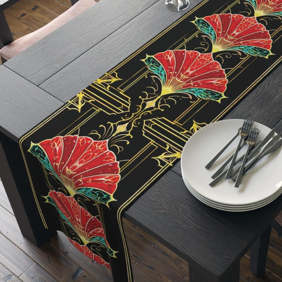 Gold Red Art Deco Retro Style Table Runner Black Gatsby Table Cloth Art ...