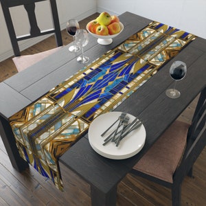 Art Deco Blue Gold Table Runner Retro Style Gatsby Table Cloth Art Deco ...