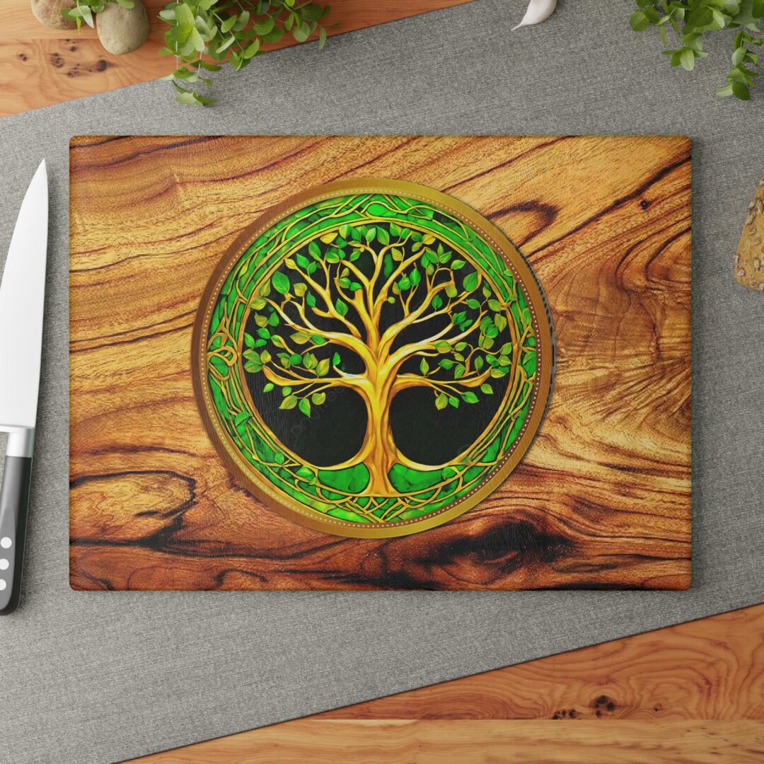 Celtic Tree of Life Glass Cutting Board Faux Wood Epoxy Chopping Block ...