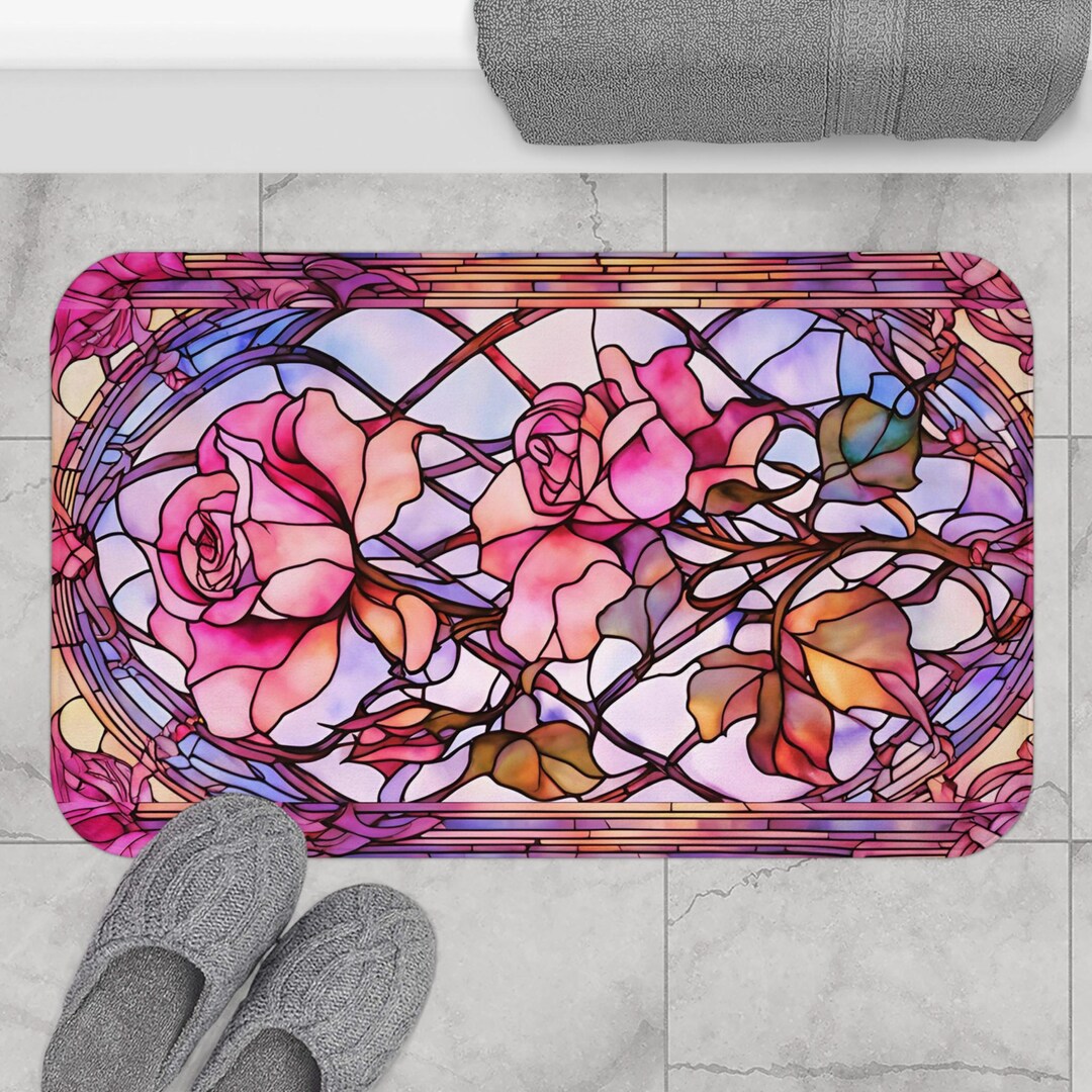 Pink Rose Floral Bath Mat Aesthetic Pink Rose Stained Glass Romantic ...